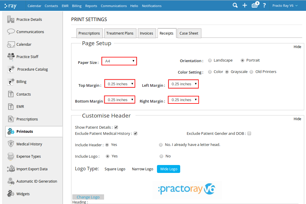Receipt Print Settings Practo Help